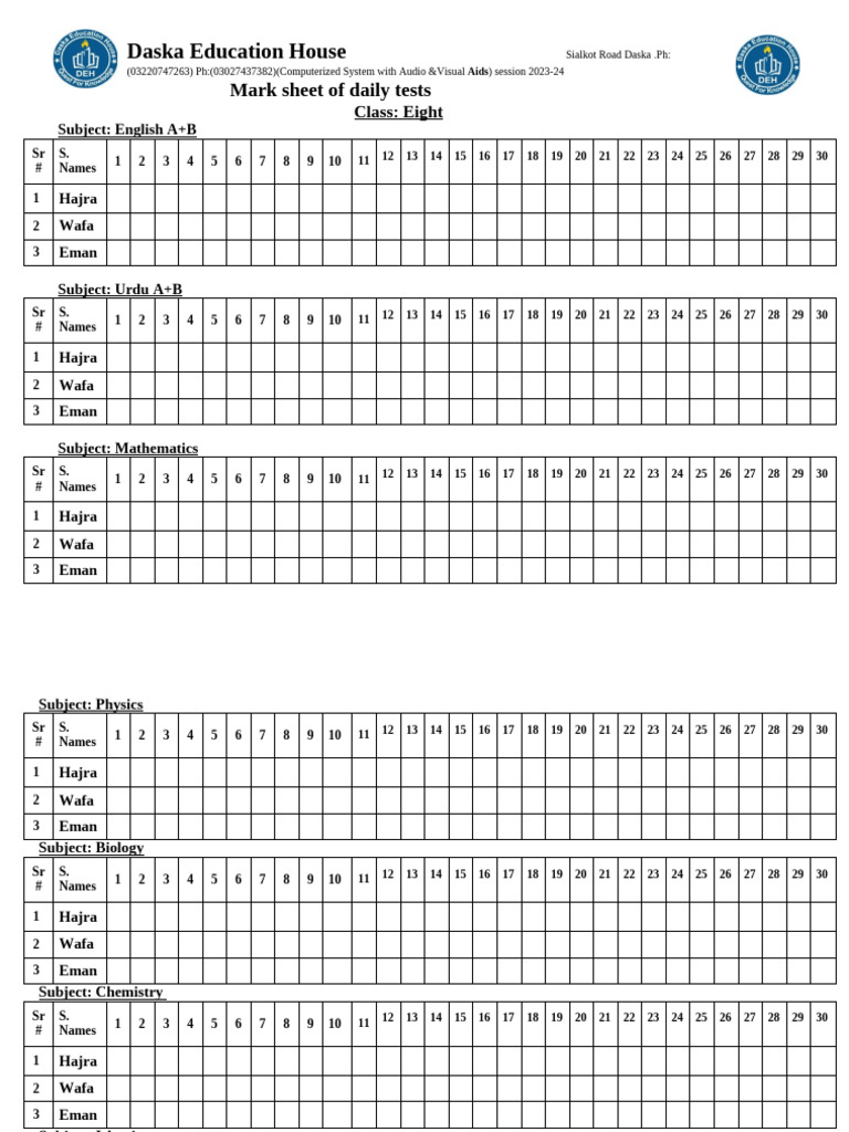 Daily Test Mark Sheet of Eight | PDF