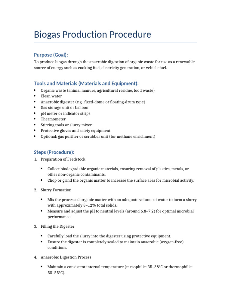 Biogas Production Procedure | PDF | Anaerobic Digestion | Biogas