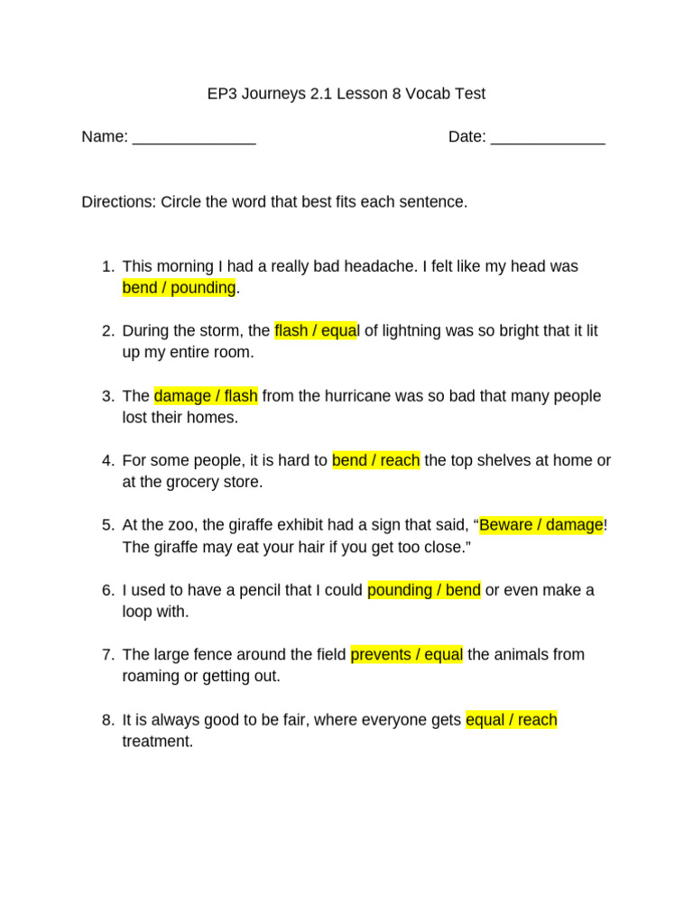 EP3 L8 Vocab Test | PDF