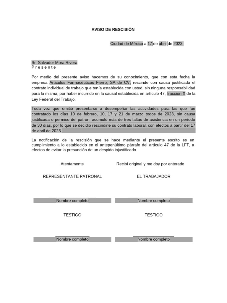 Aviso de Rescision | PDF