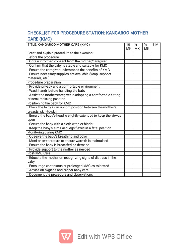 Kangaroo Mother Care Checklist | PDF