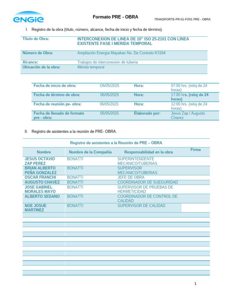 TRANSPORTE-PR-01-FO01 PRE - OBRA Reunión PRE OBRA INTERCONEXION DE LINEA DE 10” ISO 25-2101 CON ...