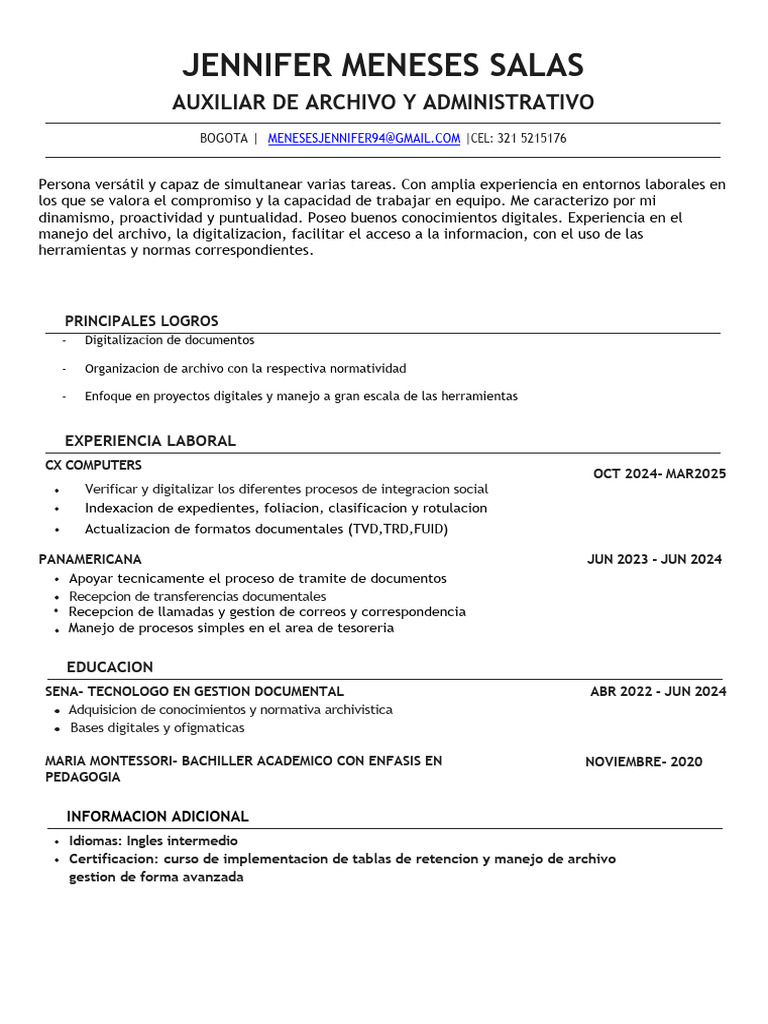 CV Jennifer Meneses Salas | PDF
