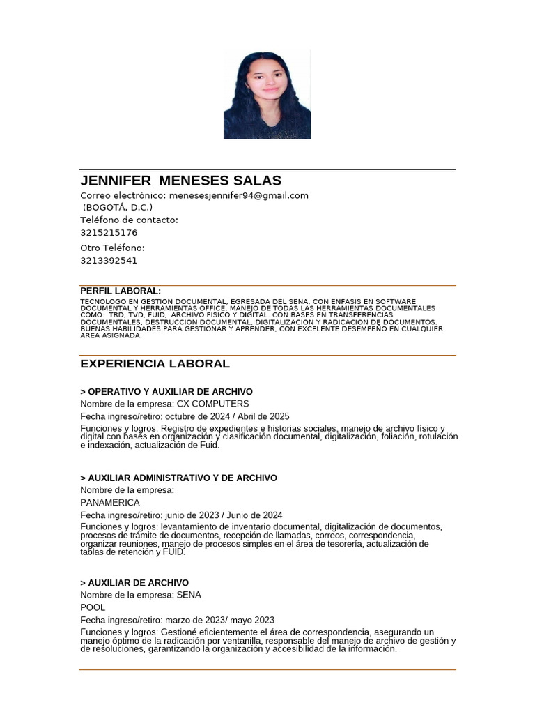 CV Jennifer Meneses | PDF | Gestión de registros