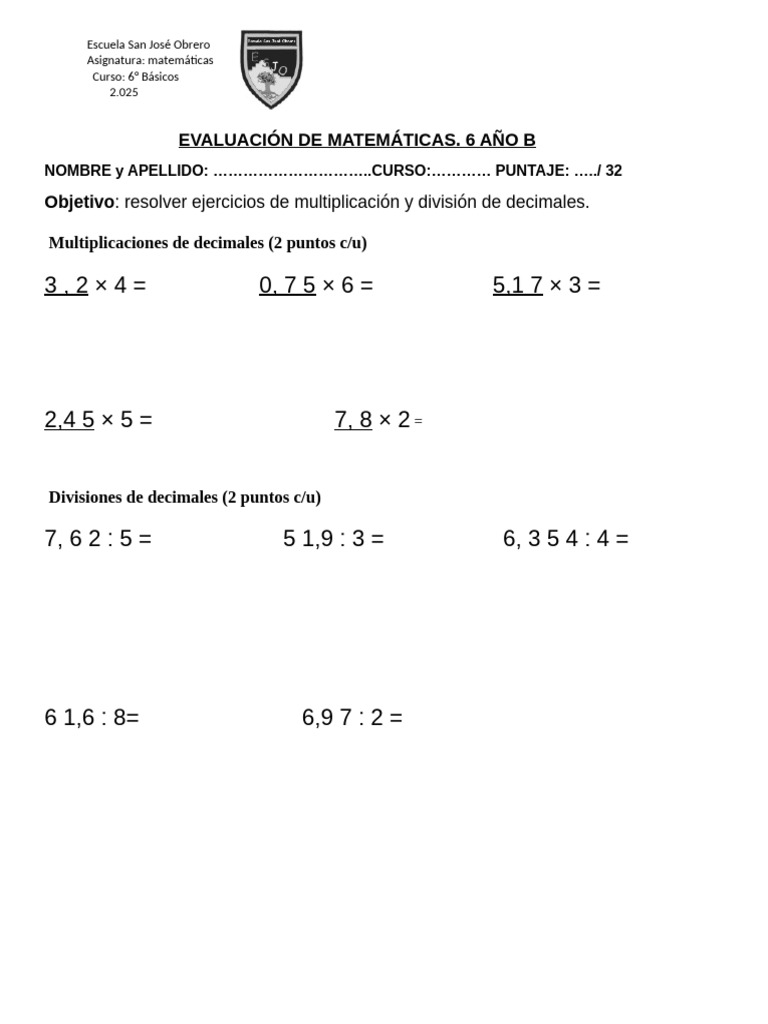 Prueba Multipl. y Division Decimales | PDF
