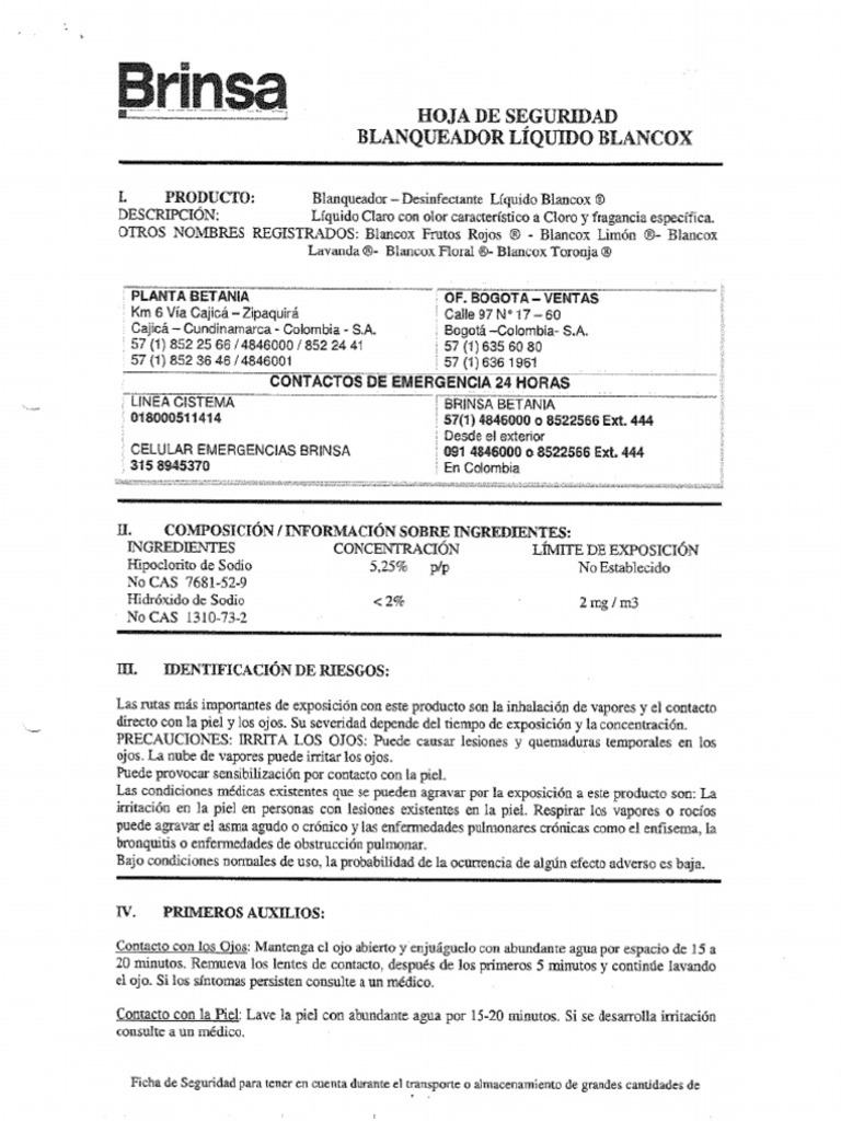 Hoja de Seguridad Blancox-1 | PDF