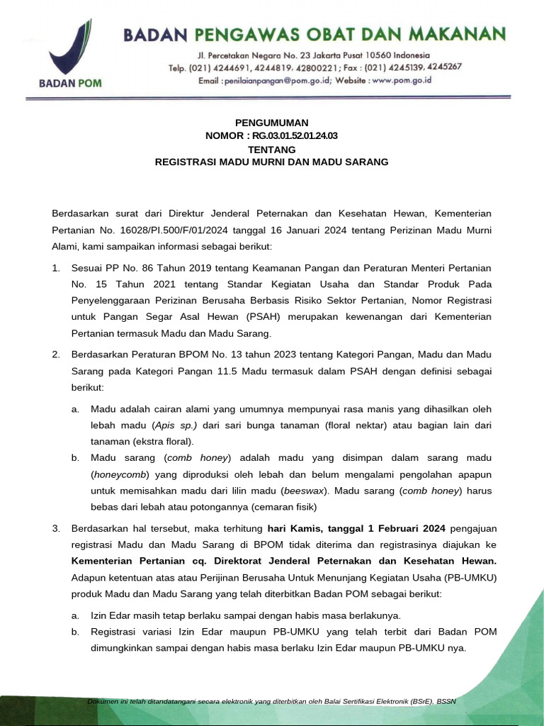 Izin Edar Madu Murni 2024 | PDF