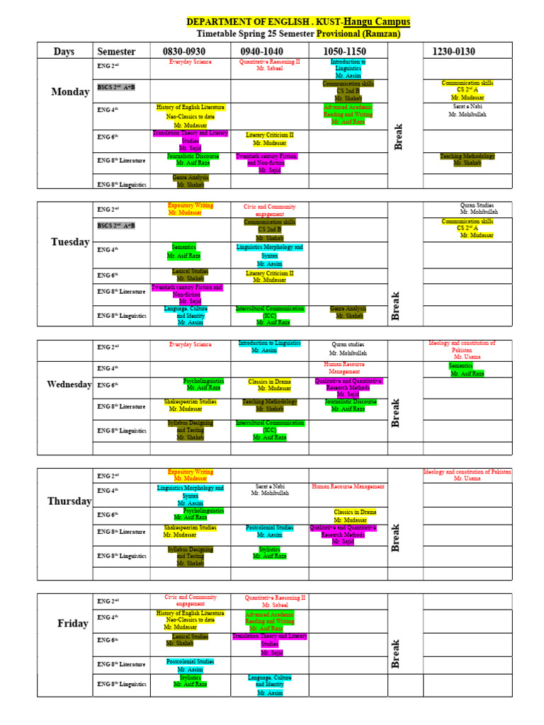 1st Provisional Timetable for Spring 25 English | PDF | Linguistics | Liberal Arts Education
