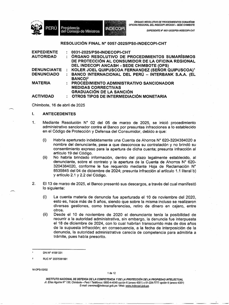 RESOLUCIÓN FINAL N° 0057-2025 PS0-INDECOPI-CHT | PDF