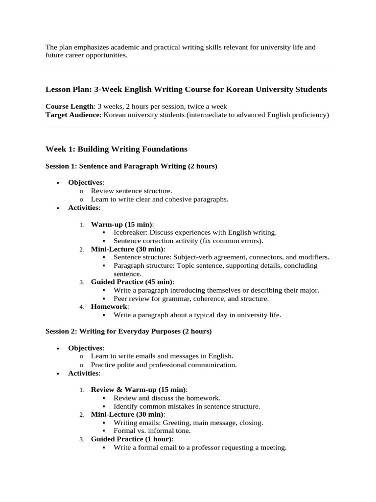 Lesson Plan SEP Korea 2025 | PDF | Essays | Writing