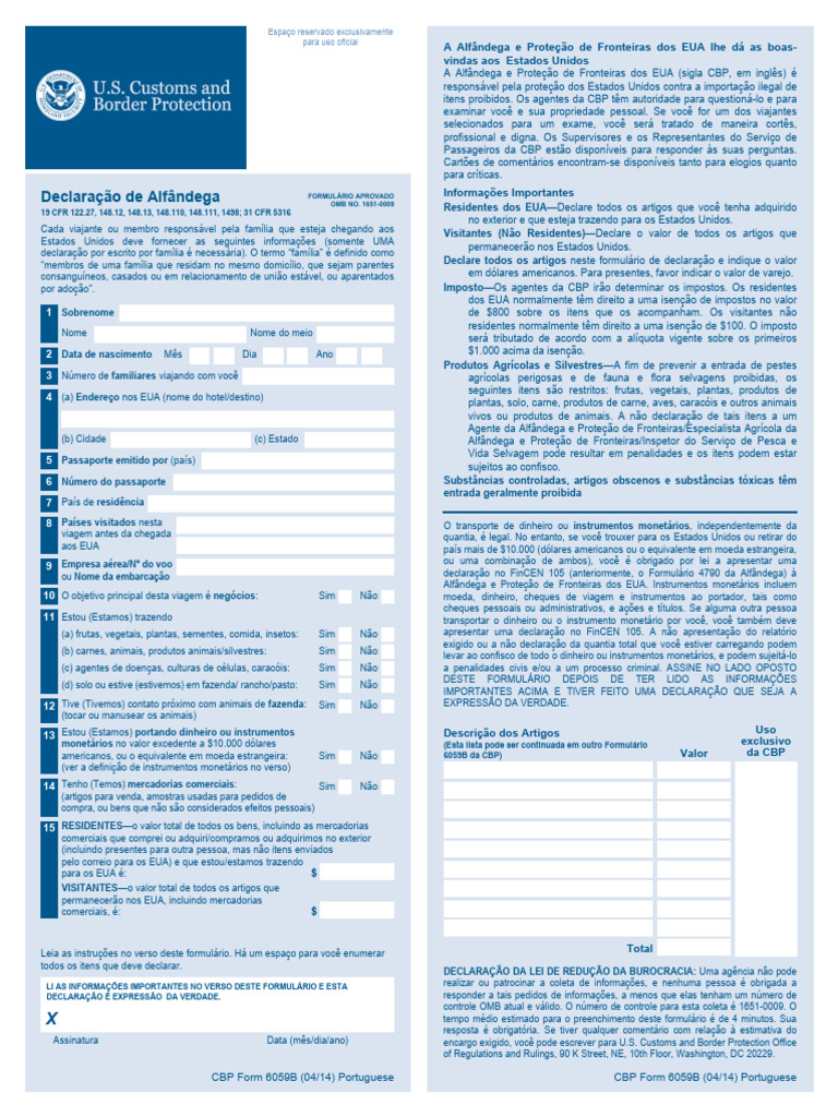 CBP Form 6059B - Portuguese (Fillable) | PDF | Alfândega e Proteção de ...