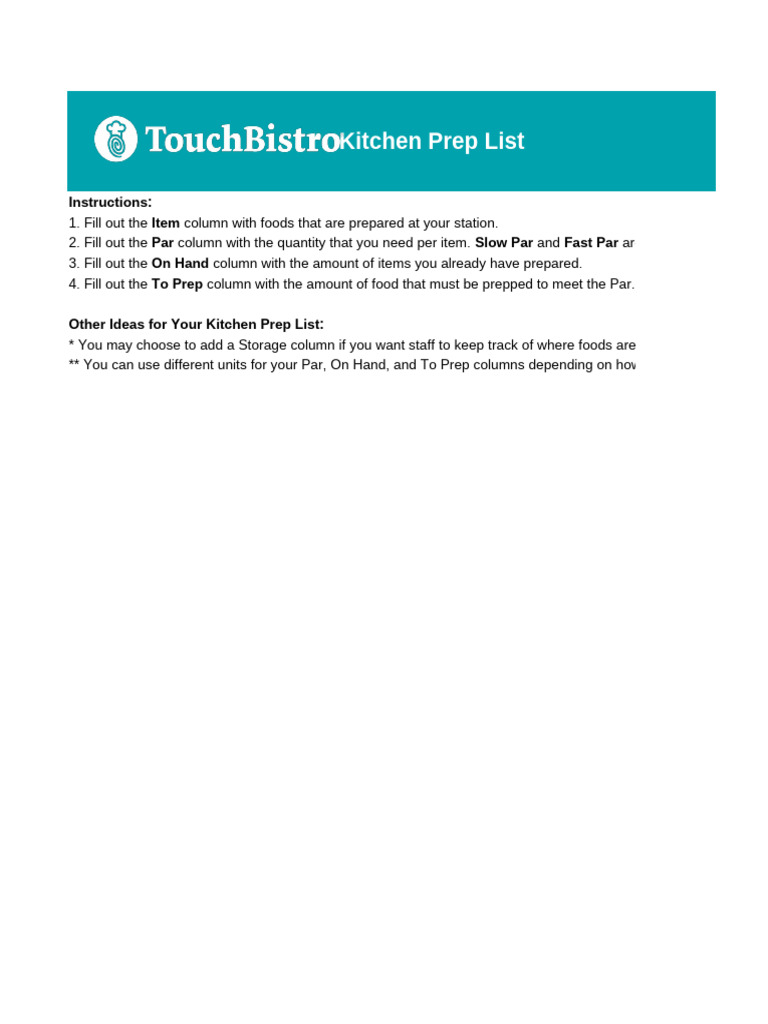 Restaurant Kitchen Prep List Template | PDF | Kitchen | Foods