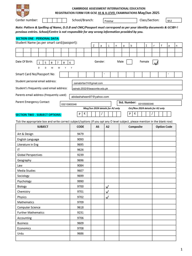 GCSE & A-Level Exam Registration Form 2025 | PDF