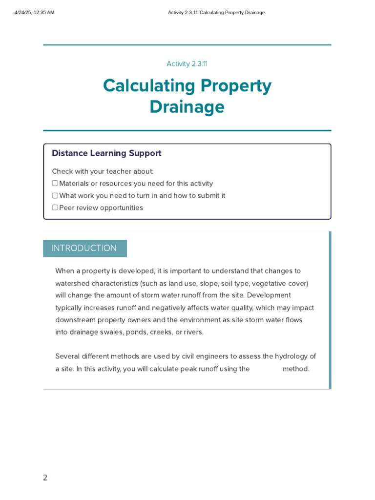 Activity 2.3.11 Calculating Property Drainage - Civil Engineering and ...