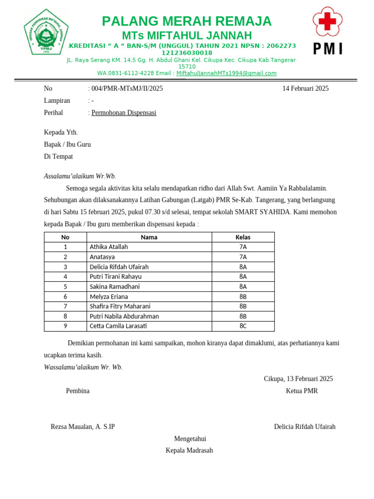 Surat Dispen PMR | PDF