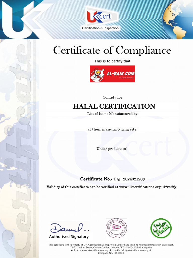 Al Baik Foods Halal Certification | PDF