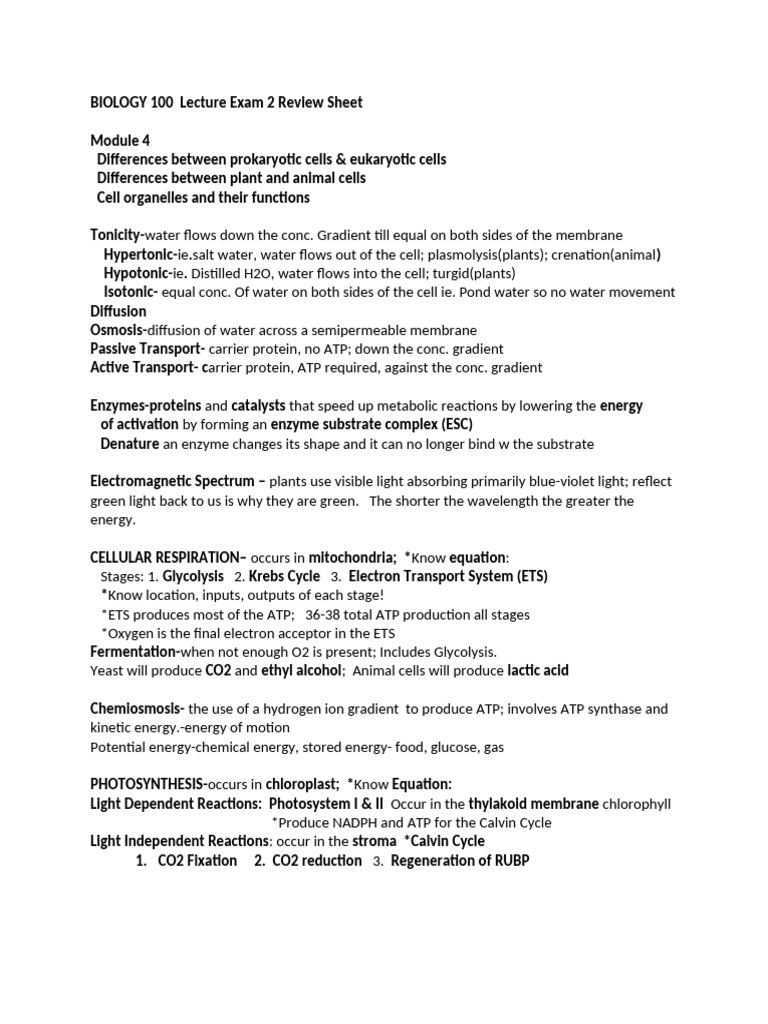 Biology 100 Exam 2 Review Guide | PDF