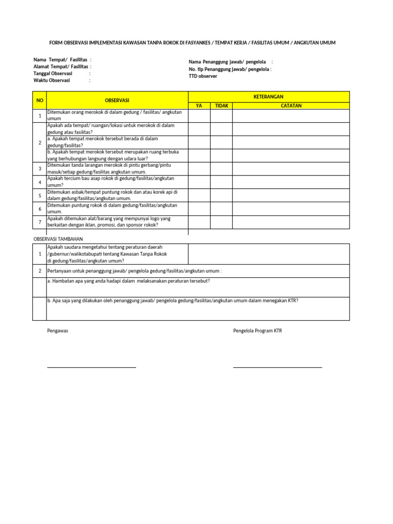 FORM OBSERVASI IMPLEMENTASI KTR UNTUK PUSKESMAS (1) | PDF