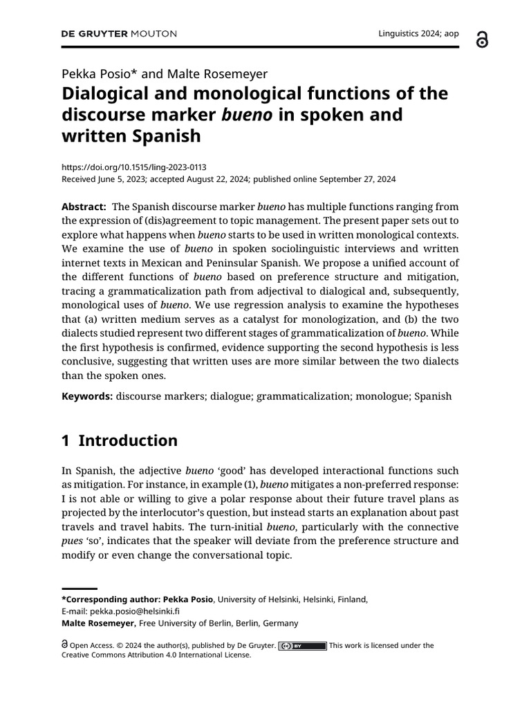 Dialogical and Monological Functions of The Discourse Marker in Spoken ...