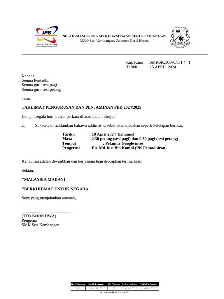 Notis Taklimat Pengurusan & Penjaminan Kualiti | PDF