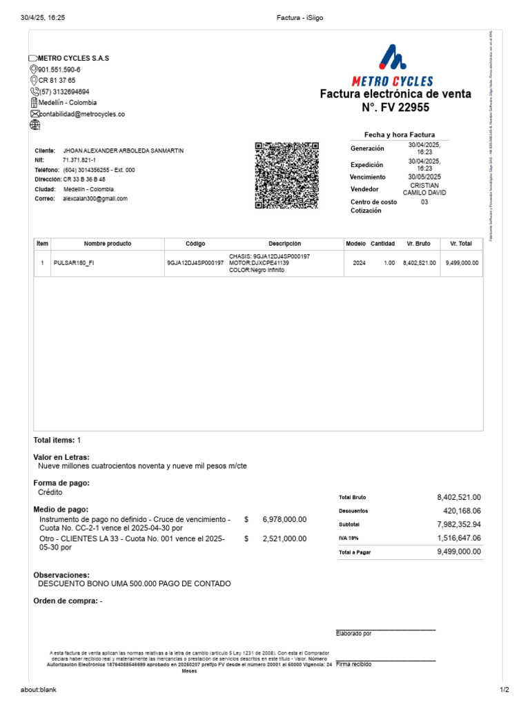 Factura Electrónica de Venta - Metro Cycles | PDF | Factura | Economias