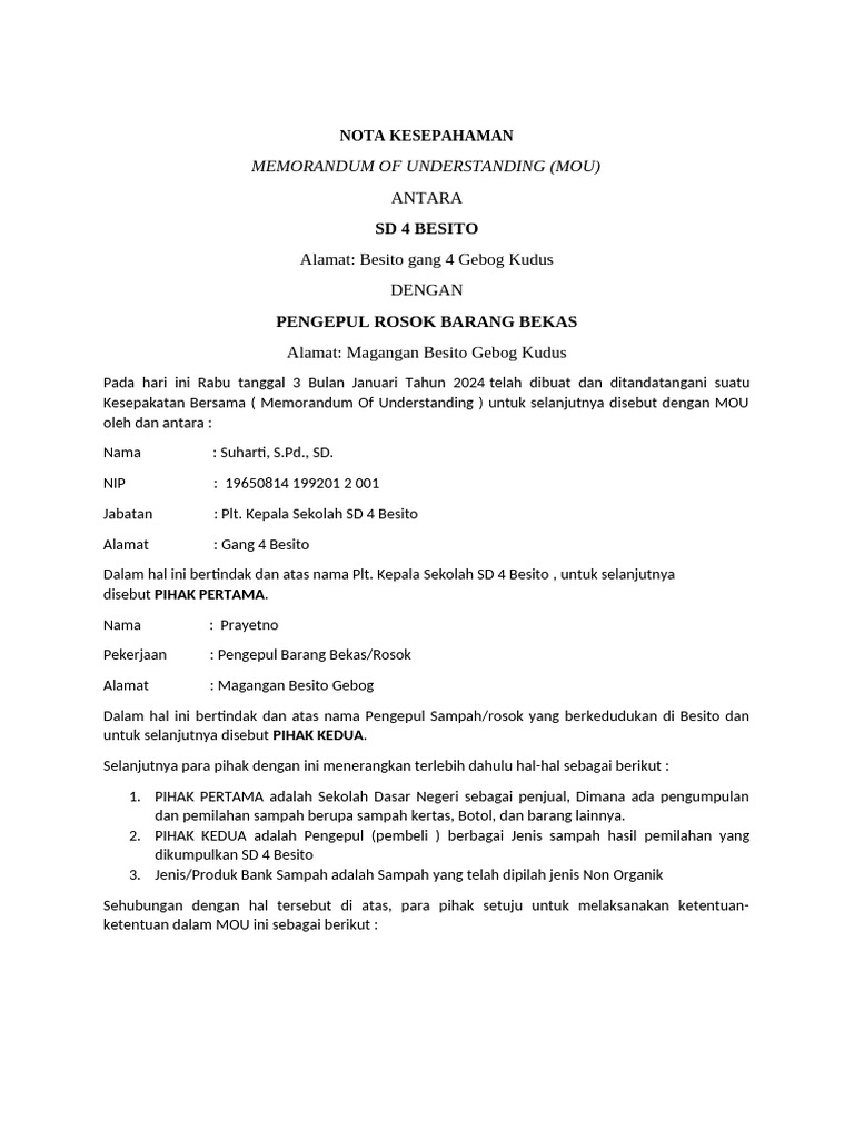 MOU Kerjasama SD 4 Besito dan Pengepul Rosok | PDF
