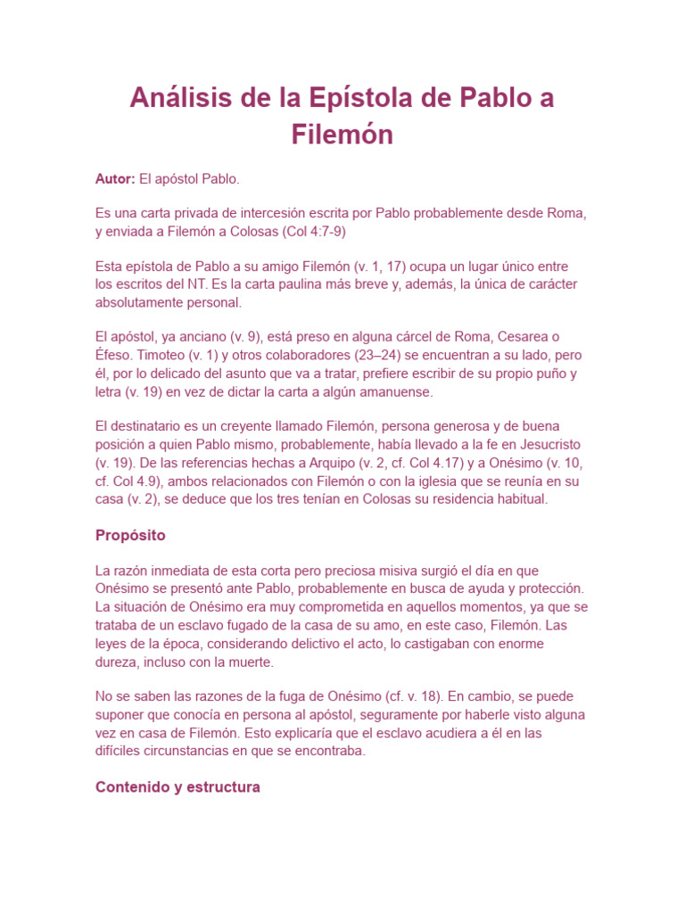 Analisis de La Epistola de Pablo A Filemon | PDF | Pablo el apóstol ...
