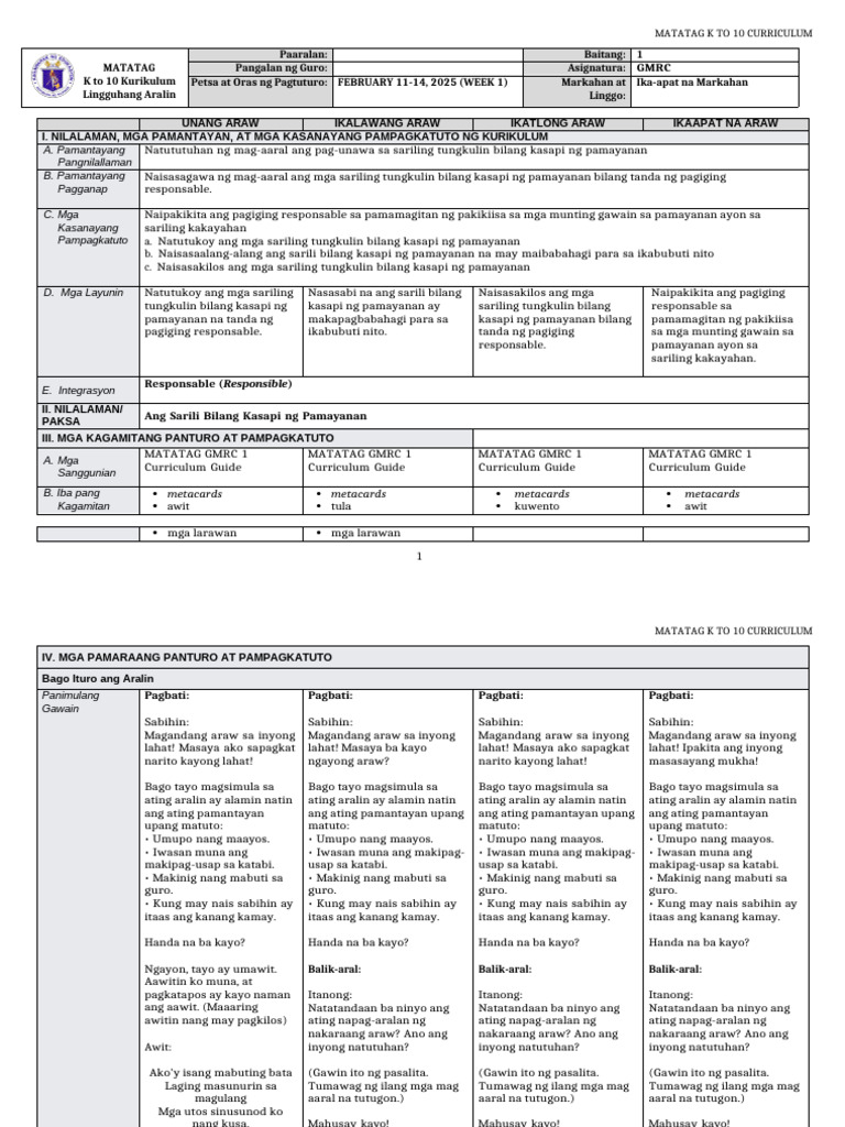 Dll Matatag Gmrc 1 q4 w1 | PDF