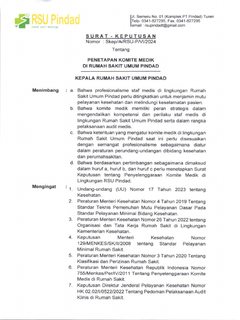 SKEP TENTANG PENETAPAN KOMITE MEDIK 2024 - Perubahan 1 | PDF