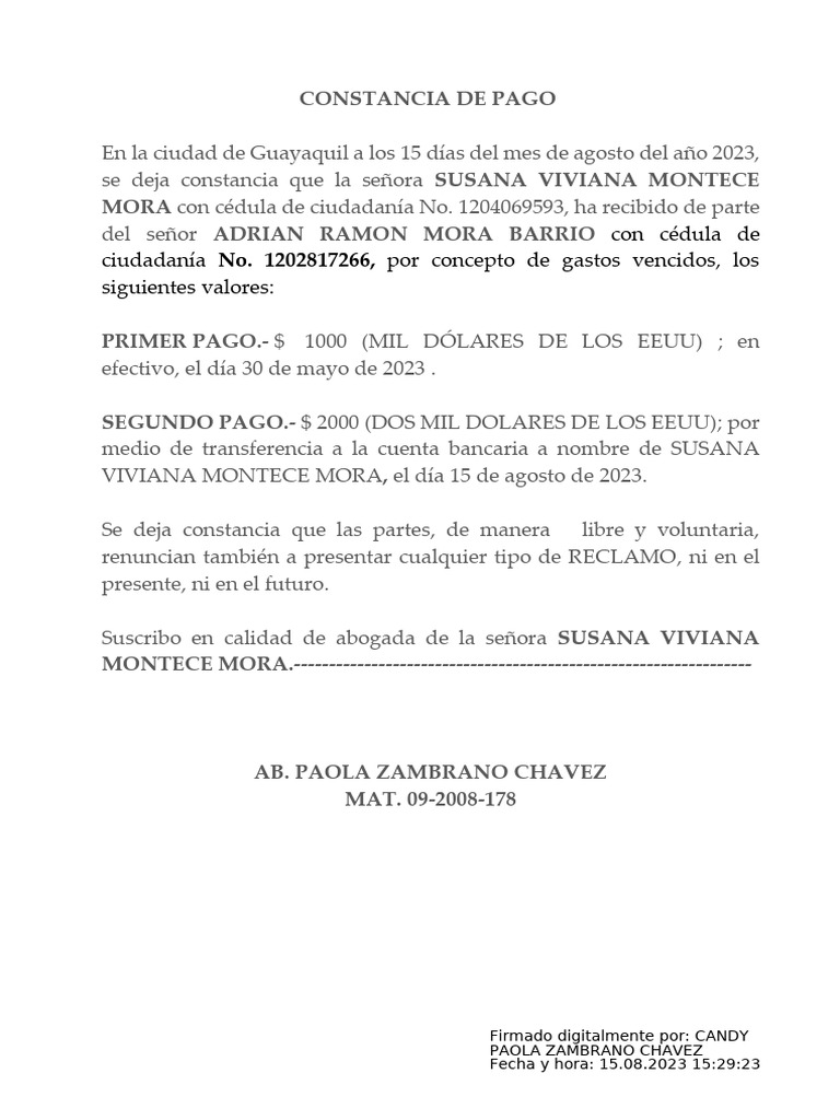 ACTA DE PAGO JSRA VIVI - Firmado | PDF