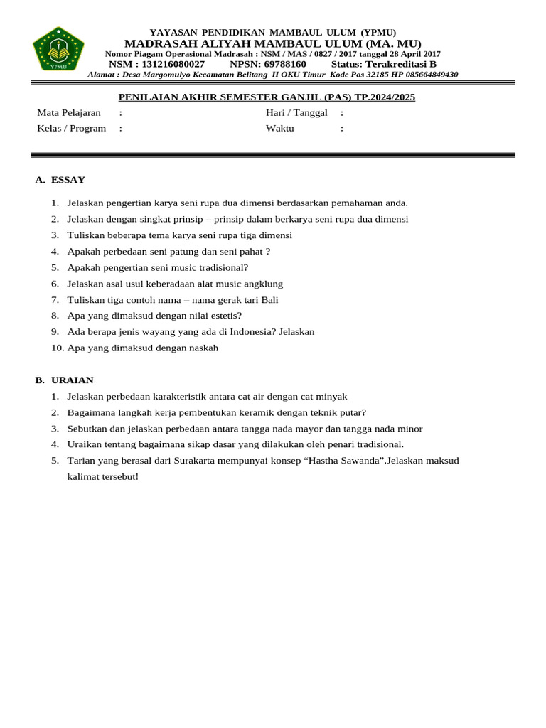 Soal Seni Budaya Kelas 10 Ma | PDF