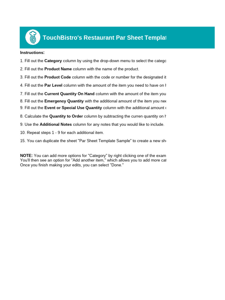 TouchBistro Par Sheet Template Guide | PDF