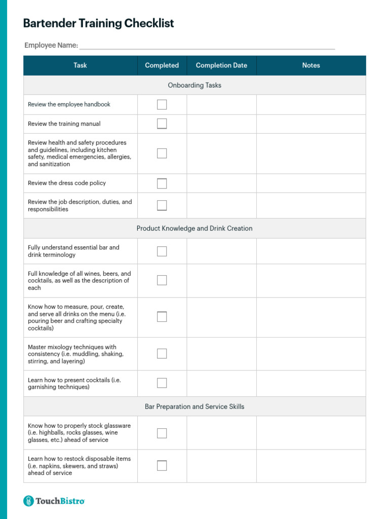 TouchBistro Bartender Training Checklist | PDF | Bartender | Drink