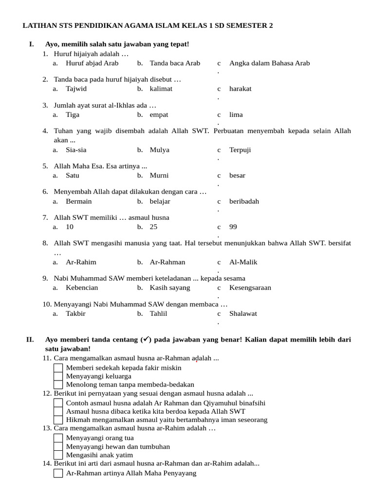 Latihan STS Pendidikan Agama Islam Kelas 1 SD Semester 2 | PDF
