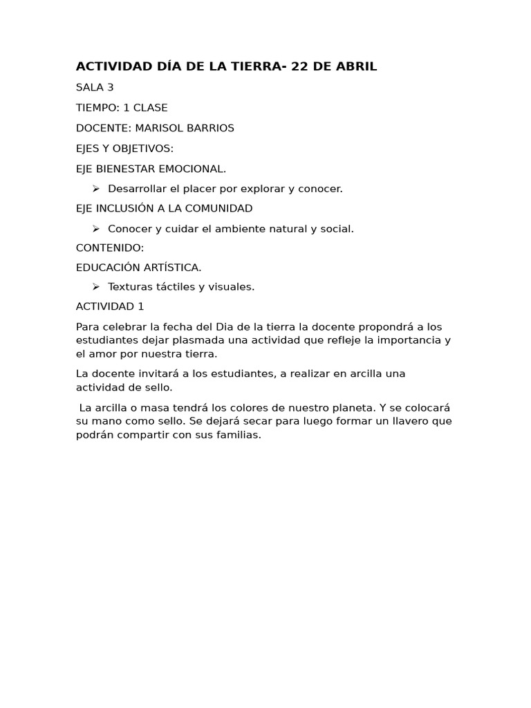 Actividad Día de La Tierra - Area 1 - Sala 3 | PDF