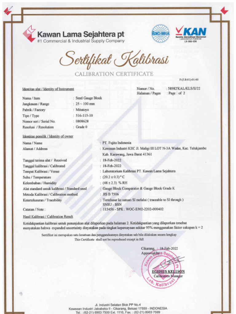 Sertifikat Kalibrator Steel Gauge Block | PDF