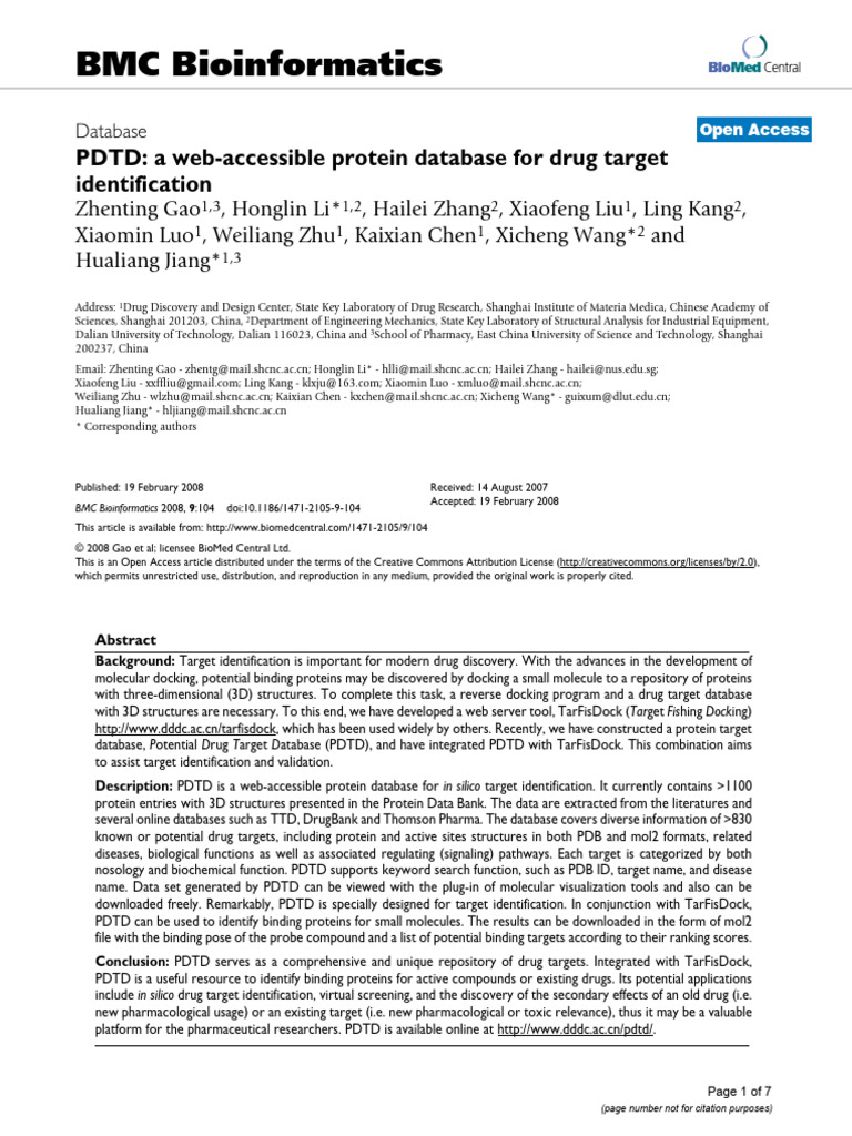 R 工具 2008 Pdtd A Web Accessible Protein Database For Drug Target Identification Pdf