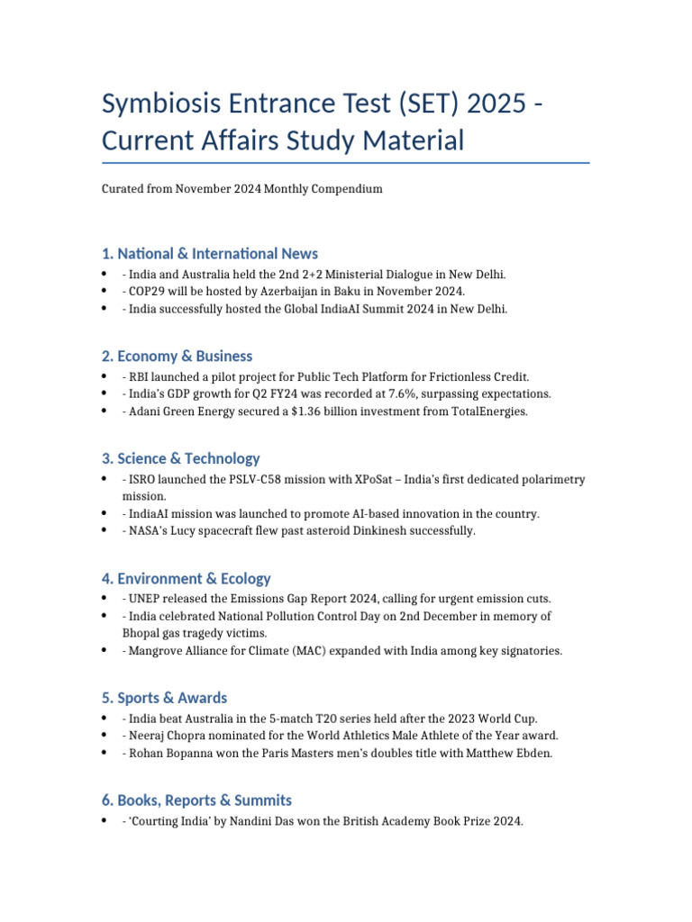 SET 2025 Current Affairs November 2024 | PDF