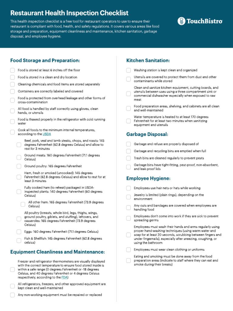Restaurant-Health-Inspection-Checklist | PDF | Kitchen Utensil | Hand ...