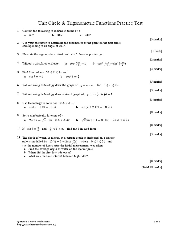 Unit Circle Trig Functions Practice Test | PDF