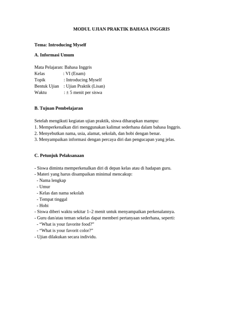 Modul Ujian Praktek Bahasa Inggris Kelas 6 | PDF