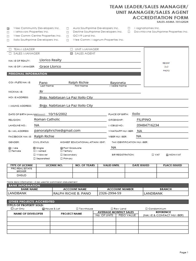 Team Leader Sales Manager Unit Manager Sales Agent Accreditation Form | PDF | Identity Document