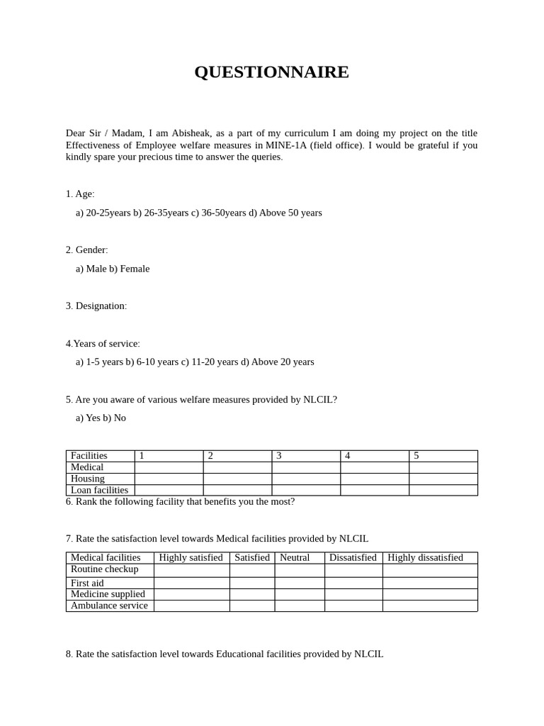 Questionnaire Employee Welfare Measures | PDF | Economies