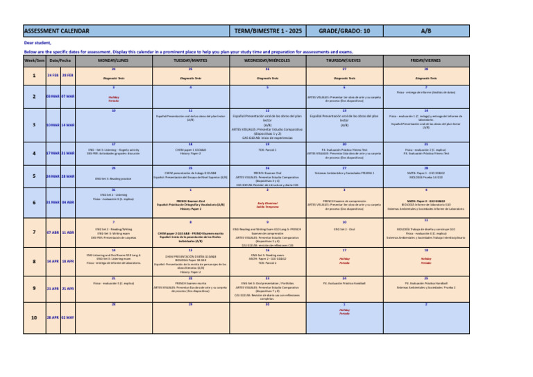 Assessment Calendar Term 1-2025 - Grade 10 | PDF