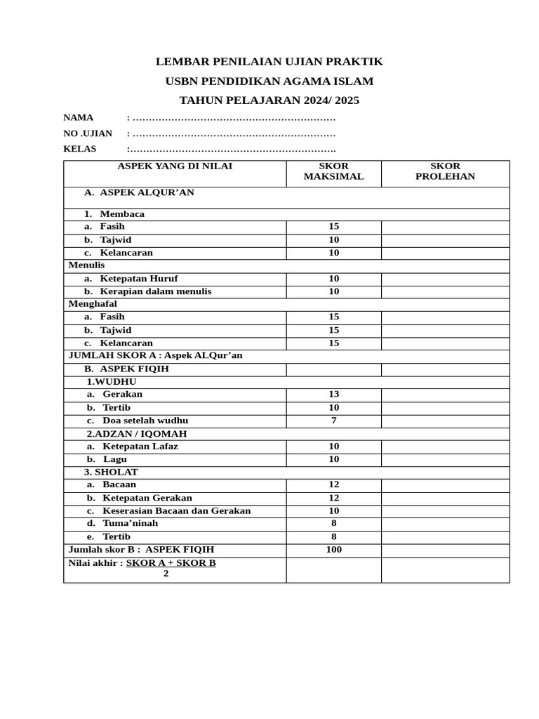 Lembar Penilaian Ujian Praktik | PDF