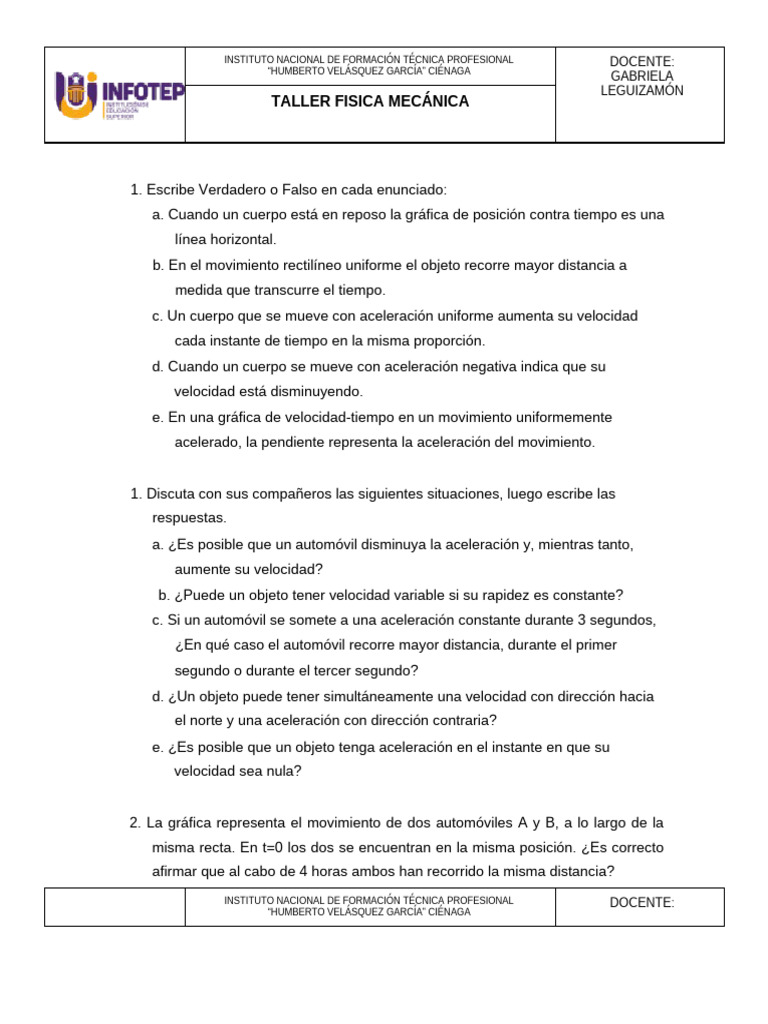 Taller 3 Cinemática | PDF | Velocidad | Aceleración