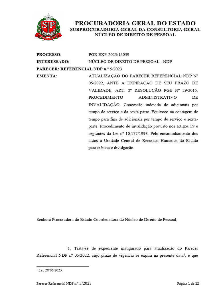 Atualização do Parecer NDP 5/2023 sobre Adicionais | PDF | Tempo | Estado