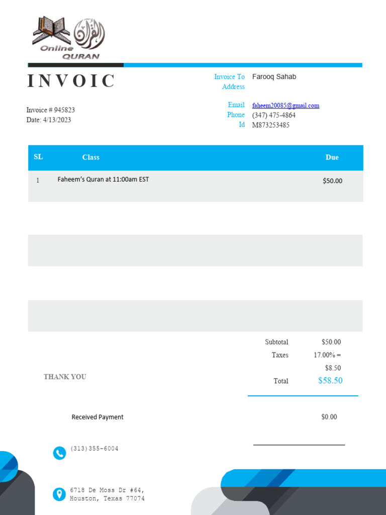 Faheem's Class Invoice | PDF