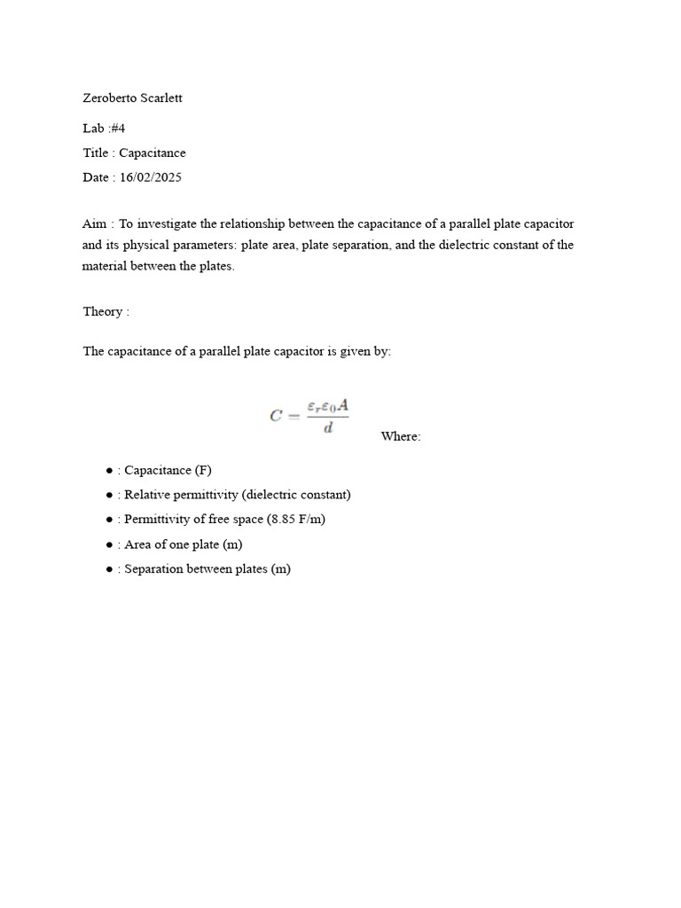 Zeroberto Scarlett - Lab 4 Capacitance | PDF | Capacitance | Dielectric