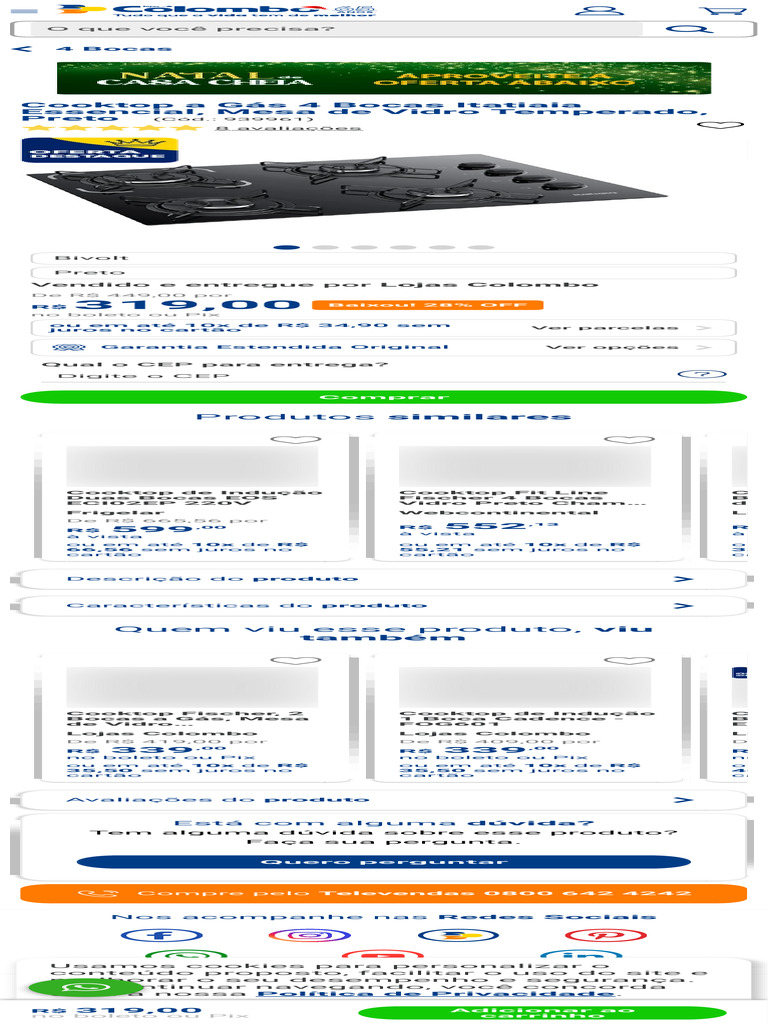 Cooktop Gás 4 Bocas Itatiaia Essencial Vidro Lojas Colombo | PDF